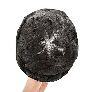Mens HairPiece Toupee Wig Human Hair Replacement Systems #1B Natural Black Durable Men's Toupee Fine Mono Monofilament Wig Clear Poly Skin Around Hair Unit for Man (6"X8", #1B OFF BLACK/NATURAL BALCK-120% LIGHT TO MEDIUM DENSITY)