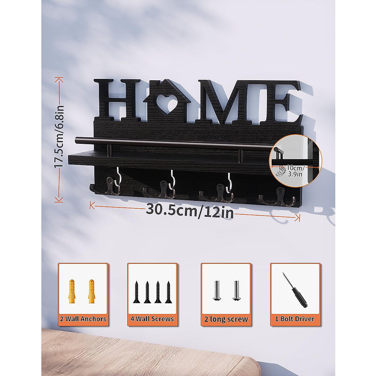 SWTYMIKI Key Hooks for Wall with Home Decoration, Wood Mail Organizer with Key Holder and Mail Holder Design, Wall Mounted Key Hanger Suitable for Entryway, Front Door, Hallway, Office, Black