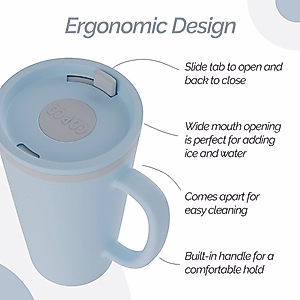 Copco Cone 16oz Insulated Travel Mug with Handle, Double Wall, Slide-Closure Lid, BPA-Free, Microwave & Dishwasher Safe, Reusable Plastic Travel Coffee Tumbler - Portable Coffee Cup (Light Blue)
