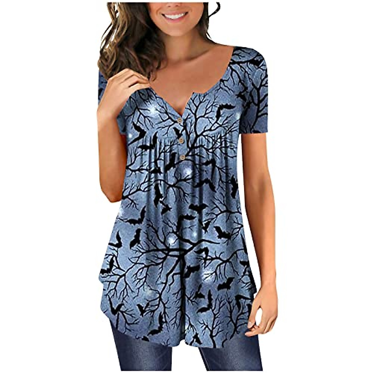 Womens Halloween Tunic Tops for Leggings Short Sleeve Botton Up Blouses Ruched Printed Clothes Casual Fashion T Shirts blue XX-Large
