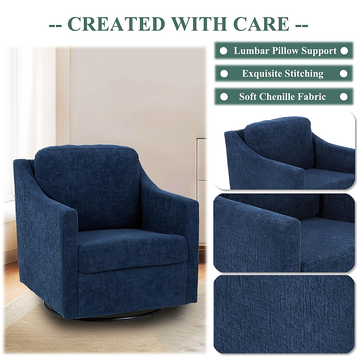 COLAMY Swivel Accent Chair Set of 2, 360° Rotation Chenille Fabric Upholstered Leisure Armchair with Lumbar Pillow for Living Room Bedroom Home and Office, Blue