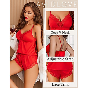 Avidlove Satin Pajamas Women's Cami Sleepwear Soft Silk Loungewear Pjs Shorts Set Red Medium