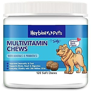 Herbion Pets Multivitamin Chews with Minerals & Probiotics; Improves Immunity & Coat; Supports Digestion; Brain & Heart Health; Delicious Natural Duck Flavor; Dog Supplements & Vitamins