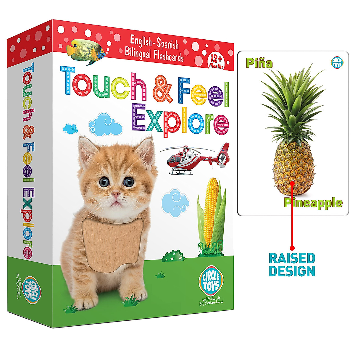 My Touch and Feel English Spanish Bilingual Picture Double Sided Sensory Flash Cards for Infant, Toddlers, Kids, Learn Animals, Fruits, Objects and Vehicles, Fun Learning and Educational Flashcards