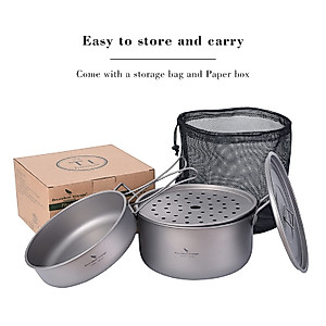 Boundless Voyage Titanium 1900mL Pot and 900mL Fry Pan Set with Steaming Rack and Lid Multifunctional Steamer Stockpot Outdoor Cooking Ultra Light Camping Cookware