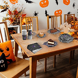 durony 100 Pieces Halloween Spider Web Party Supplies Tableware Set Including Halloween Spiderweb Dinner Paper Plates Cups Napkins Serves for 25, Halloween Party Decorations