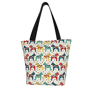 antcreptson Swedish Dala Horses Extra Large Canvas Shoulder Tote Top Storage Handle Bag for Gym Beach Weekender Travel Reusable Grocery Shopping,Black White