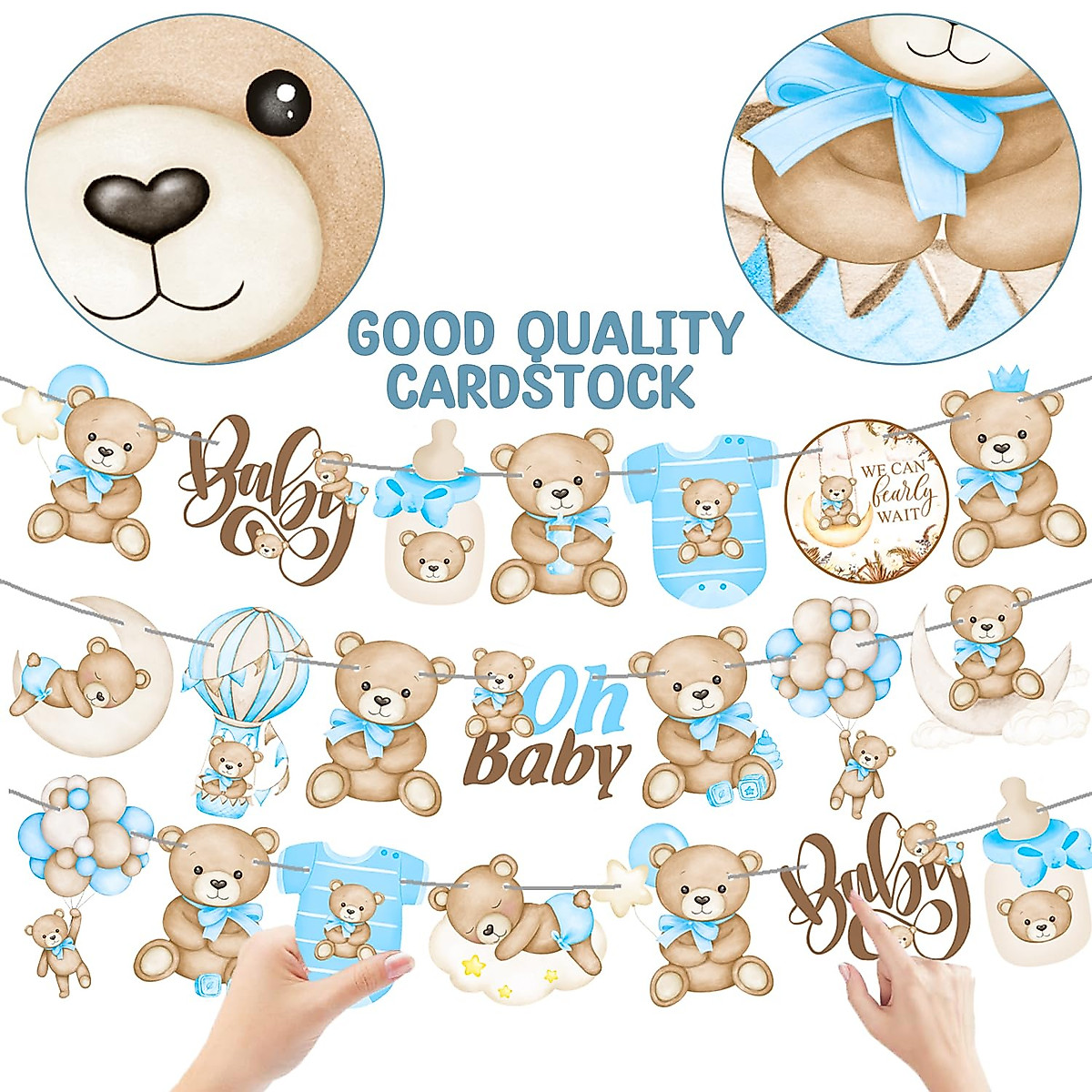 Teddy Bear Party Banner 3Pcs We Can Bearly Wait Baby Shower Decorations Blue Bear Baby Shower Banner for Baby Boy Gender Reveal Party Decorations
