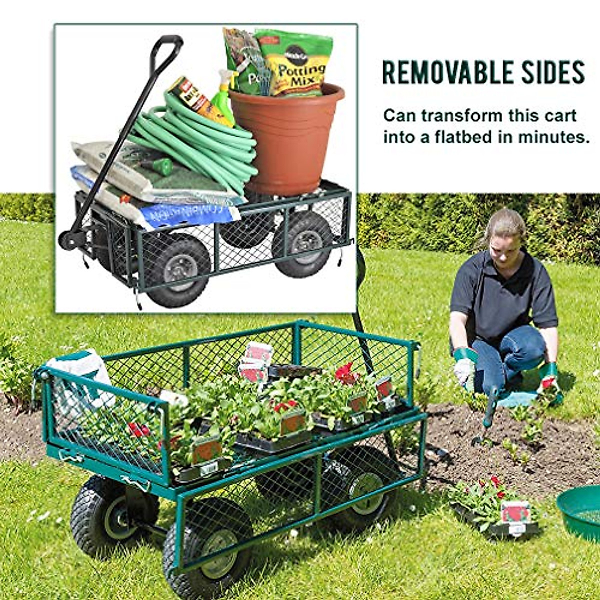 Garden Carts Yard Dump Wagon Cart Lawn Utility Cart Outdoor Steel Heavy Duty Beach Lawn Yard Landscape