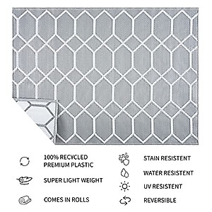 PLAYA RUG Reversible Indoor/Outdoor 100% Recycled Plastic Floor Mat/Rug - Weather, Water, Stain, Fade and UV Resistant - Miami- Gray & White (5'x7')