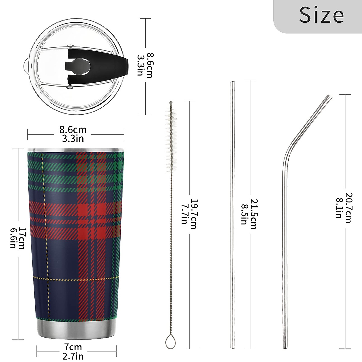 Yasala Tumbler Tartan Plaid Classic Red Green Insulated Coffee Cup Beverage Container Travel Mug with Straw and Lid Double Wall Stainless Steel 20oz BPA-Free for Sport, Back to School