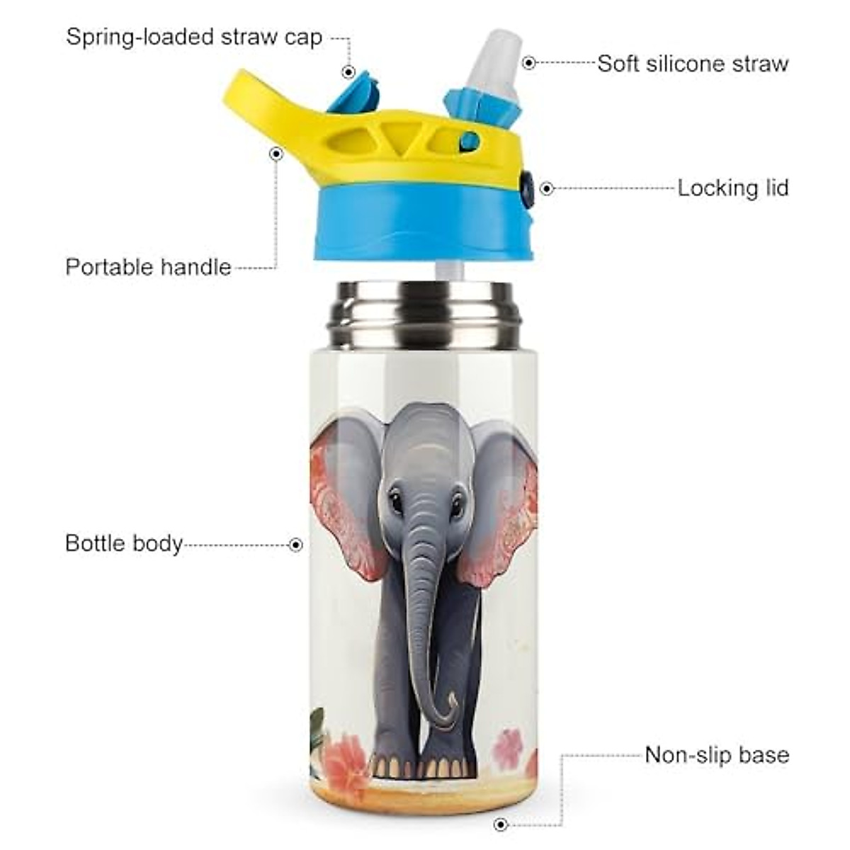 Stainless Steel Water Bottles Lucky Elephant Travel Water Cups with Handle And Silicone Straw Drinking Cup with Leak Proof Lid Thermo Travel Mug for Women Men