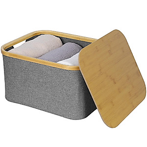 ANMINY Storage Baskets for Organizing, Collapsible Fabric Storage Bins Boxes with Wood Lids & Handles, Stackable Closet Cabinet Shelf Baskets - Gray, Large