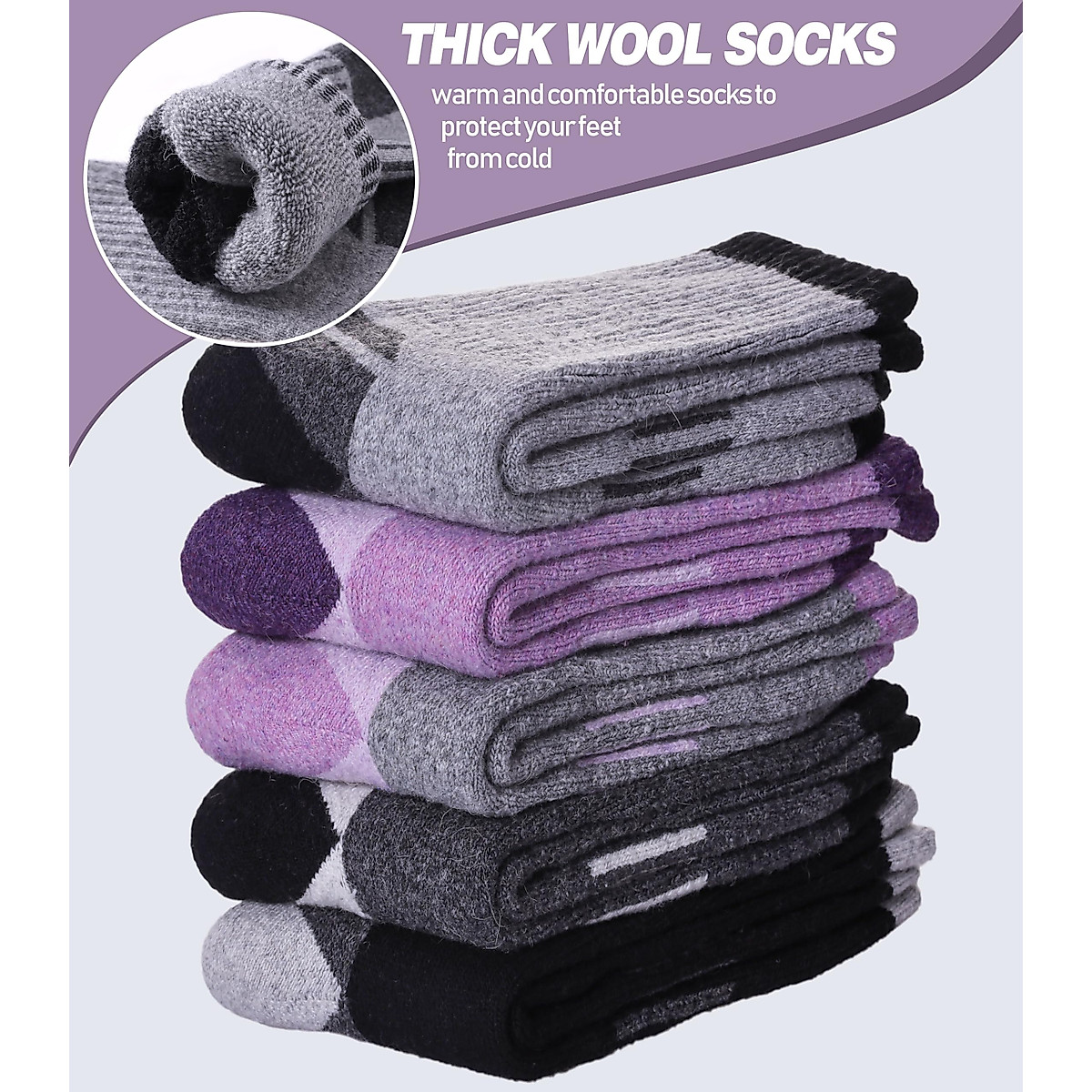 DYW Womens Merino Wool Hiking Socks Thermal Warm Winter Boot Crew Socks Cushion Work Walking Gift Socks 5 Pairs （5 Pairs Color Mix A,Medium）
