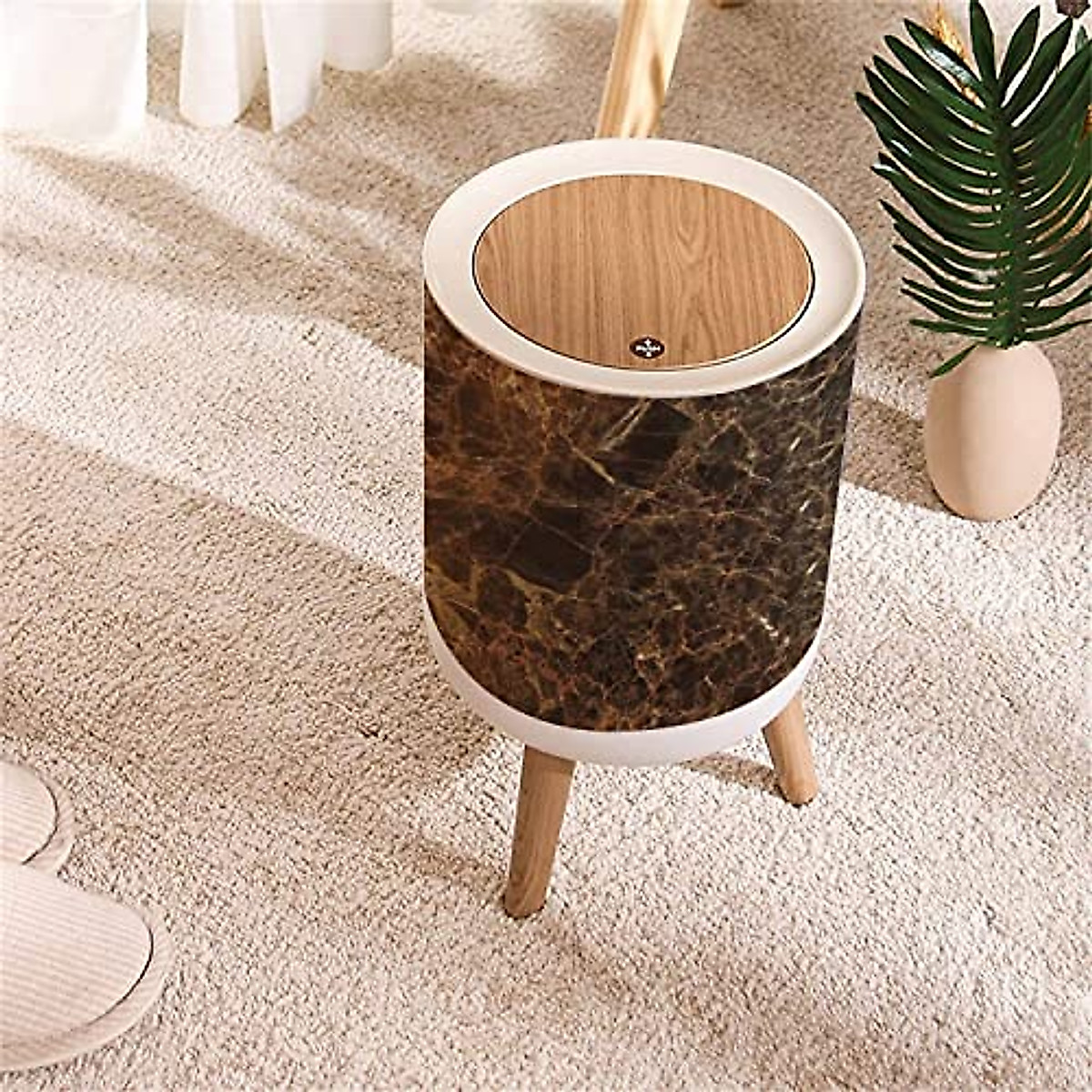 Small Trash Can Textured Dark Brown Marble Stone with White Spots Recycle Bins with Press Top Lid Dog Proof Wastebasket for Kitchen Bathroom Bedroom Office 7L/1.8 Gallon