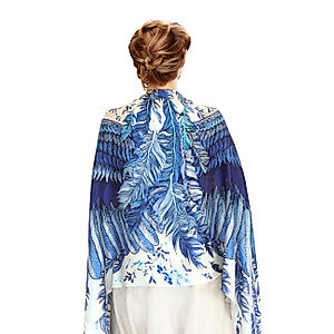 Pure Silk Wearable Artistic Hand Painted Bird Wing Feather Scarf (Blue Wings)
