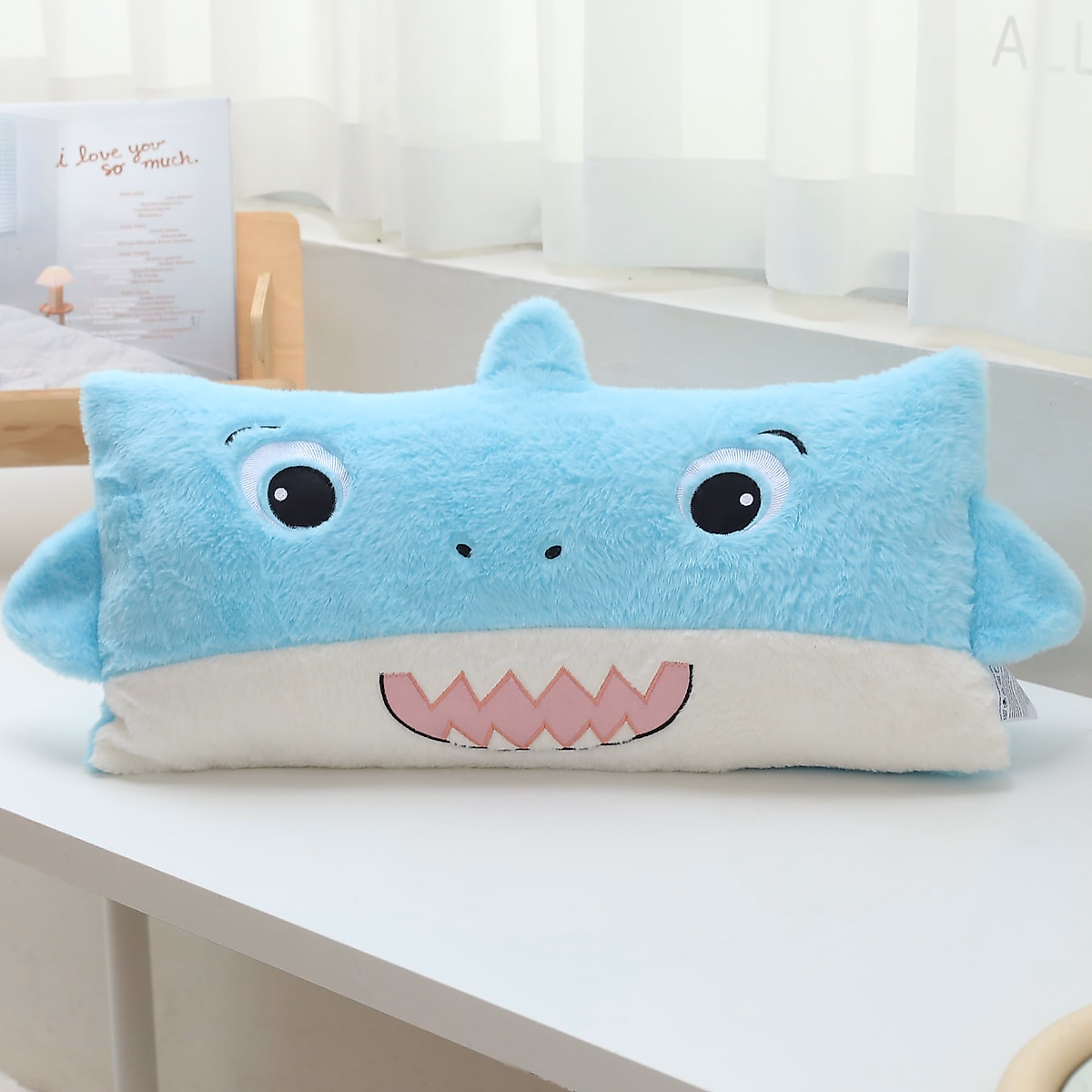 Stuffed Animal Lumbar Pillow, Super Soft Plush Cuddle Throw Pillow for Kids, Cute Shark Shaped Pillow, 12 x 24 Inches, Baby Blue