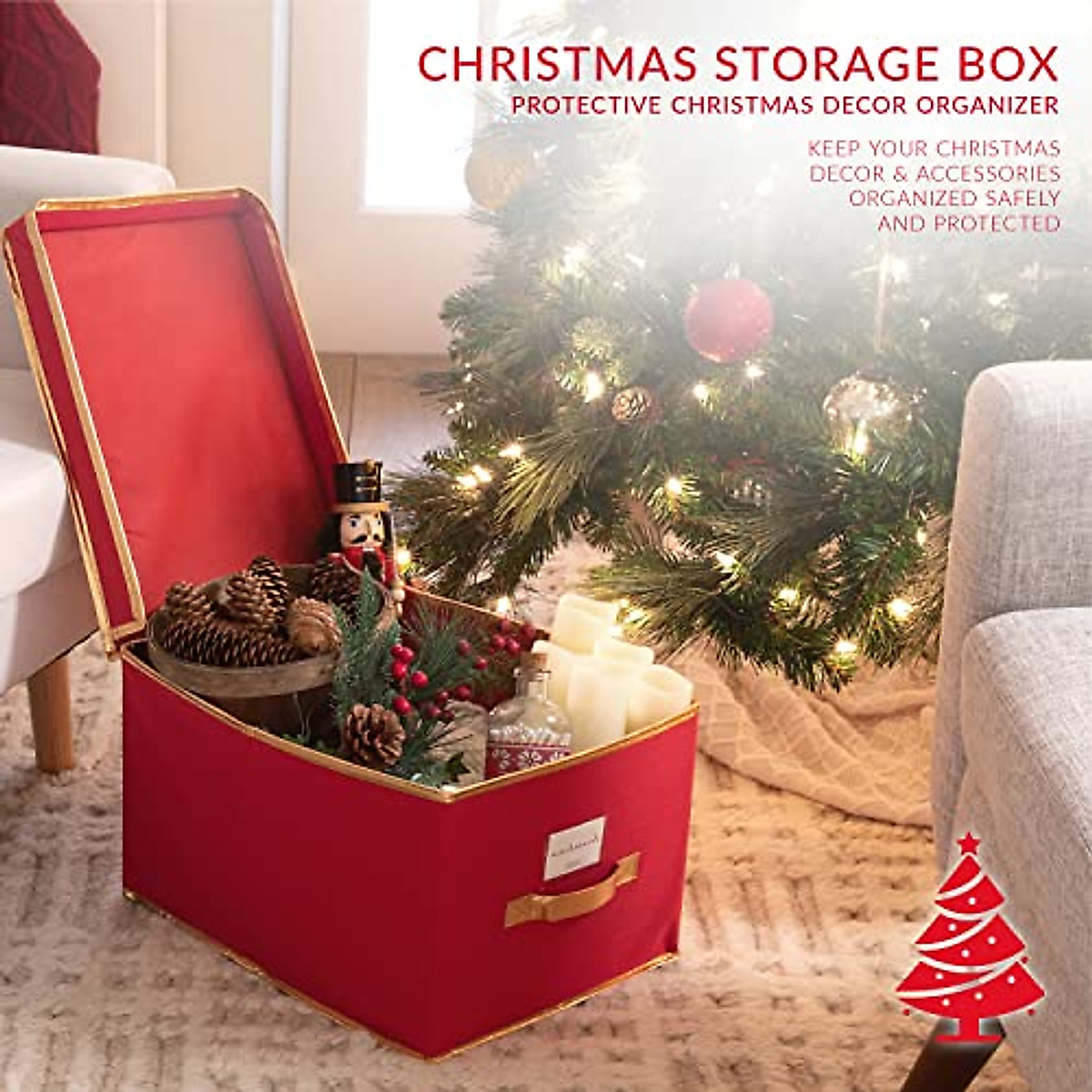 Simplify Holiday Jumbo Storage Box | Christmas Décor Organizer | Good for Seasonal Items | Closet Storage | Collapsible | Lidded | Red