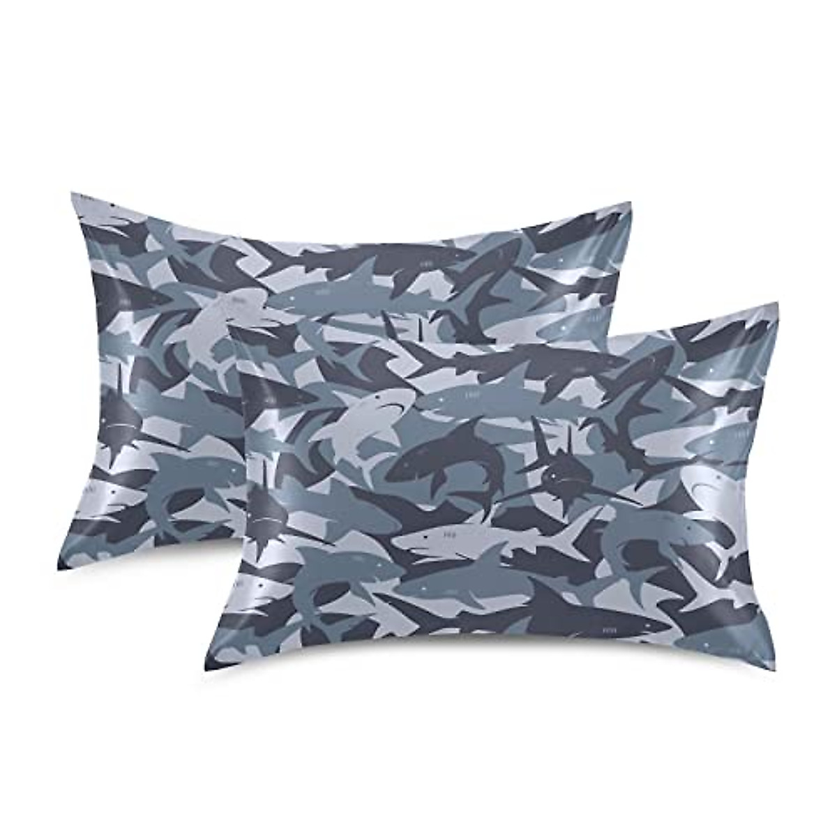 Sharks Camo Pillow Covers Silk Pillowcase for Hair and Skin Breathable & Silky Soft Satin Pillowcase Standard Size Pillow Case for Bedroom Bed Women Boys Girls (20x26 Inch)