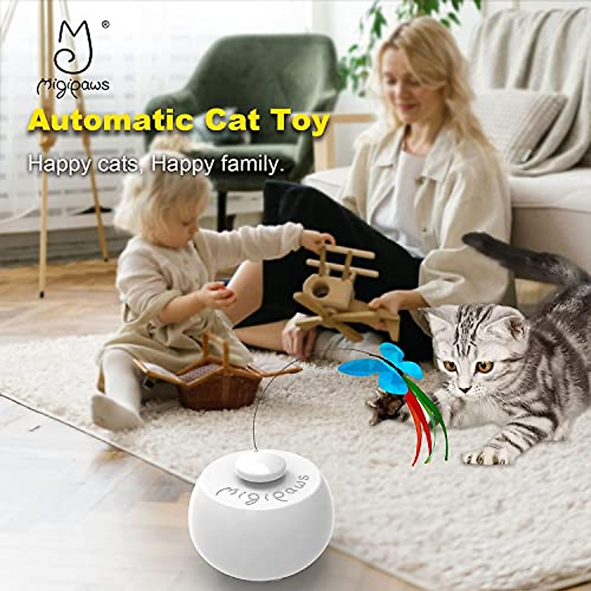 Migipaws Cat Toys Interactive Butterfly Feather Mice Spin with Smart Rolling Ball for Indoor Kittens Self Play Automatic Sensing Kitty Teaser Wand 3 Refills