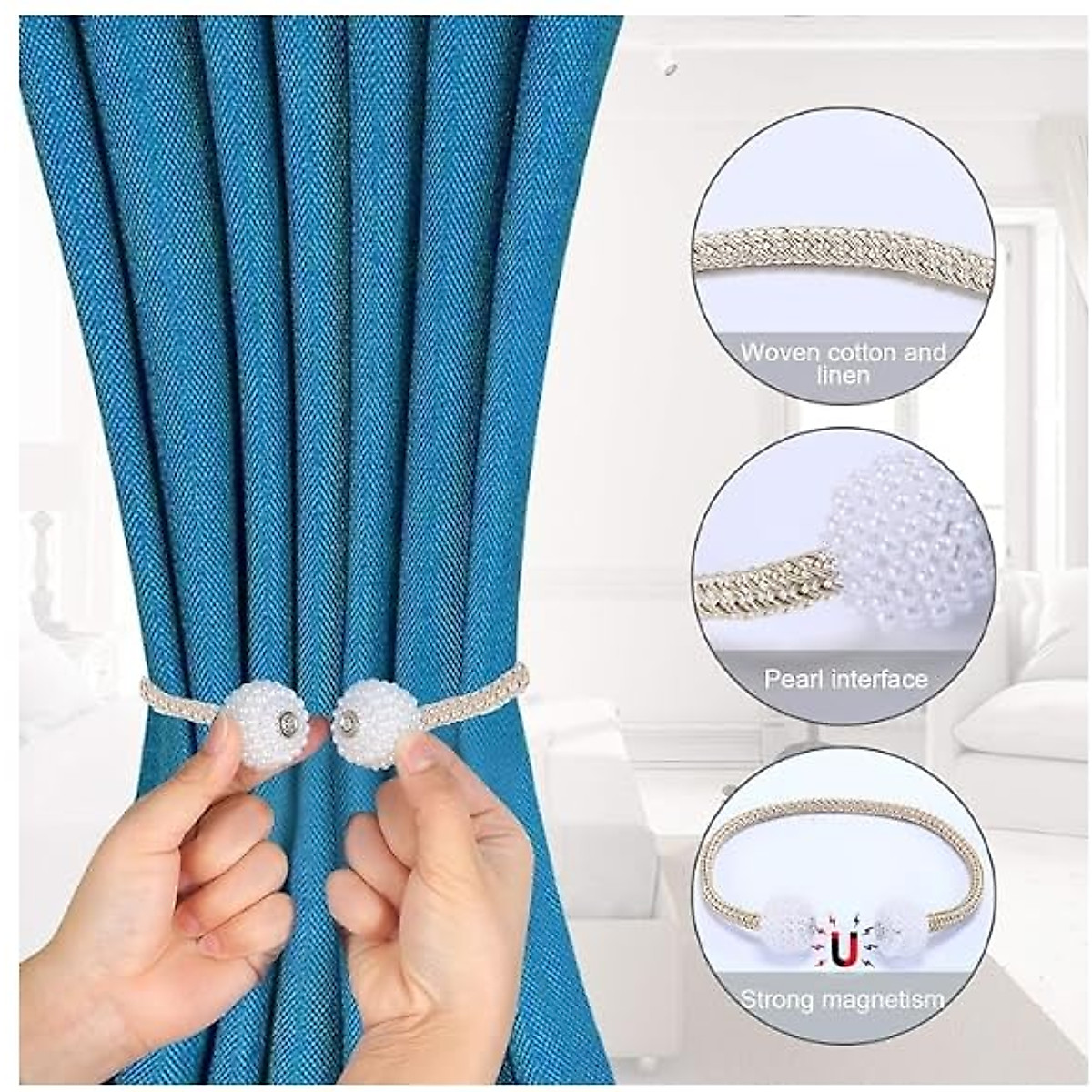 4 Pack Magnetic Curtain Tiebacks Pearl Ball Home Window Curtain tiebacks The Most Convenien Tie Backs, Weave Clips Rope Straps Holder for Big,Wide or Thick Drapries (Beige)