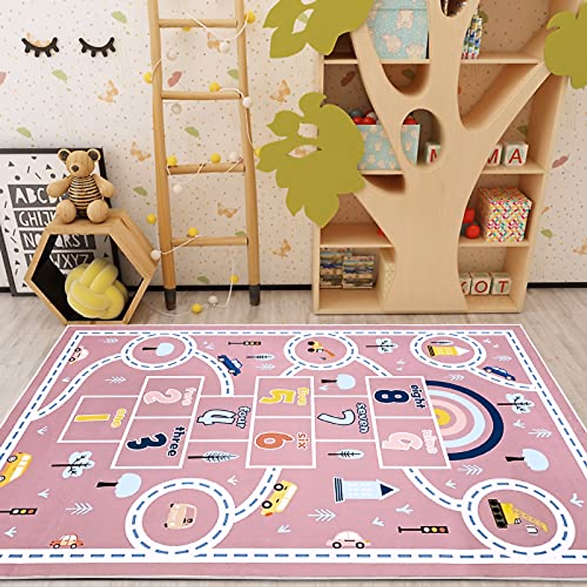 Abeigoi Hopscotch Car Rug 4x6Ft Kids Play Rug Mat Pink Bedroom Playroom Carpet for Girls Boys Nonslip Classroom Rug Children Numbers Educational Throw Area Rugs for Girls Room Decor