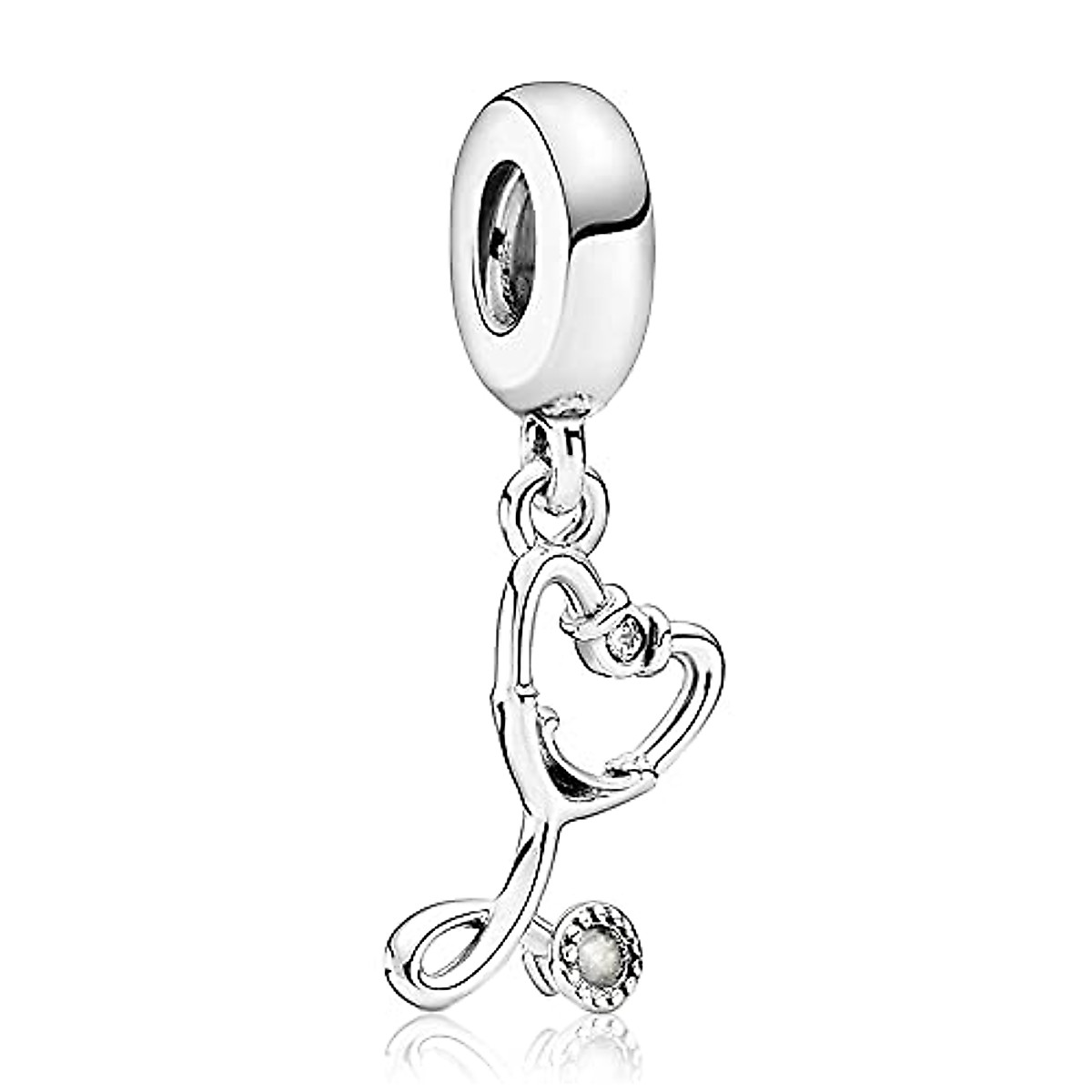 EZ Tuxedo Stethoscope Heart Dangle Charms 925 Sterling Silver Pendant with Cubic Zirconia for Bracelets