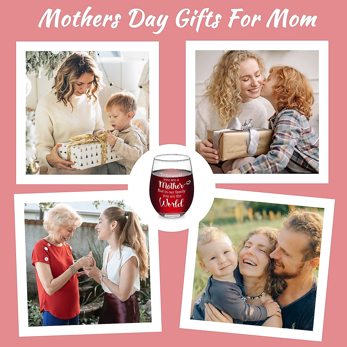 DAZLUTE Mothers Day Gifts from Daughter, To The World You are A Mother But to Our Family You are the World Stemless Wine Glass for Mom New Mom Women Mothers Day Birthday Christmas, Mom Gifts, 17Oz