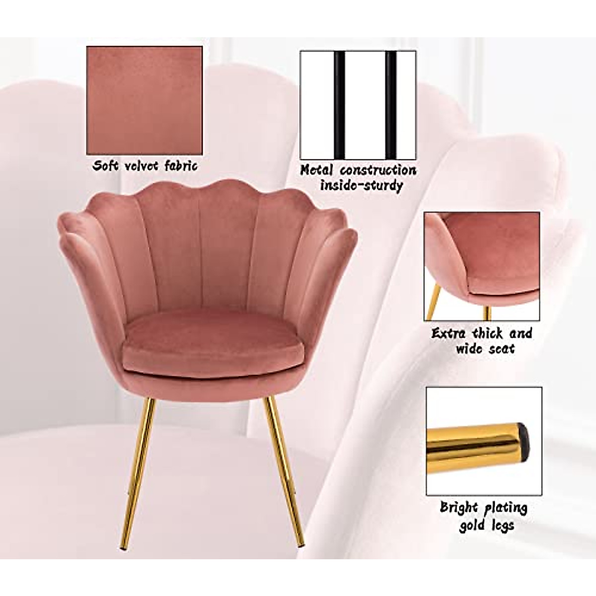 chairus Velvet Accent Chair, Upholstered Vanity Chair with Shell Back & Gold Metal Legs, Modern Small Armchair Side Chair Guest Chair for Living Room Bedroom Makeup Dressing Room, Antique Pink