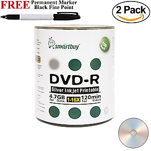 Smartbuy 200-disc 4.7GB/120min 16x DVD-R Silver Inkjet Hub Printable Blank Media Disc + Black Permanent Marker