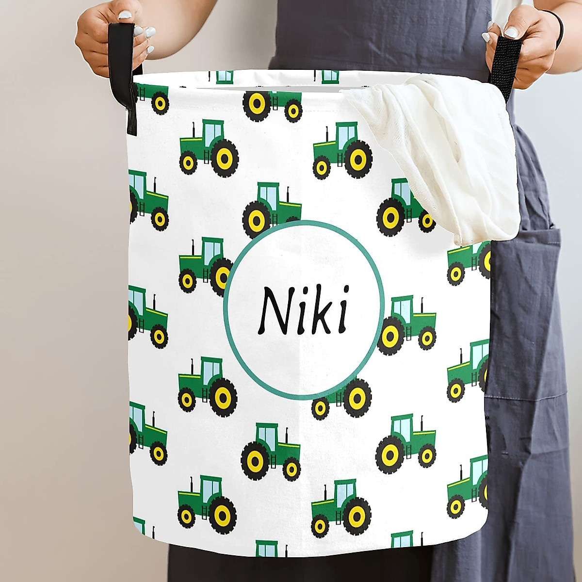 Farm Tractor Round Storage Basket Personalized Name Laundry Basket Waterproof Nursery Hamper with Handle for Living Room Bedroom and Clothes