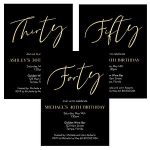 Birthday Party Invitations 30th 40th 50th Thirty Forty Fifty Milestone Bday Black Gold 30 40 50 Customized Printed Invites (12 count)