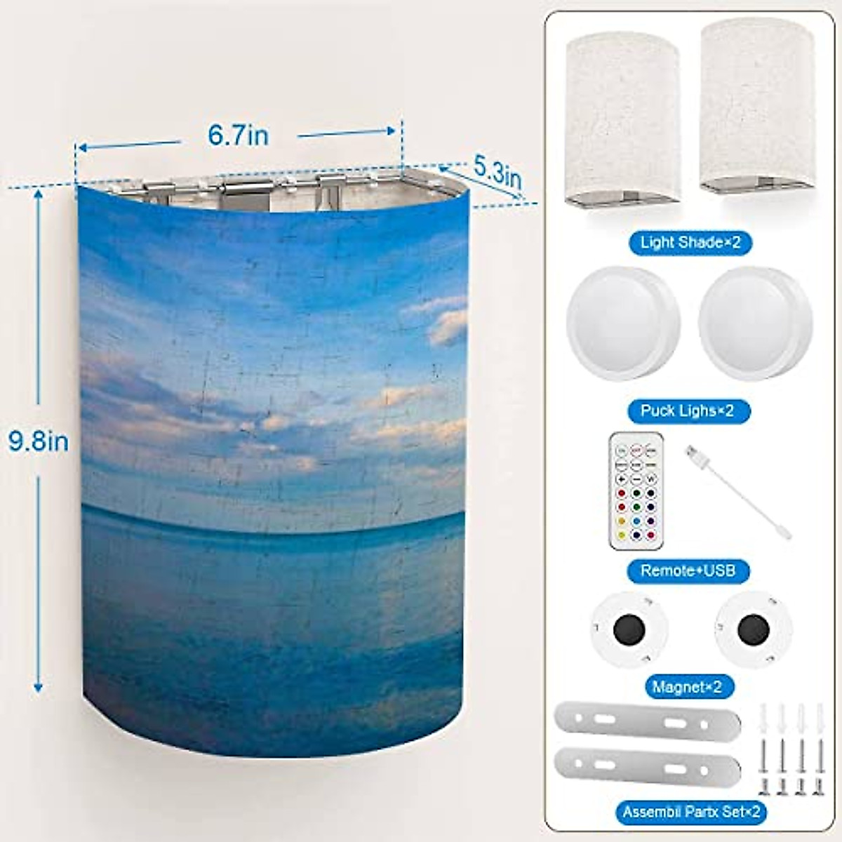 CAKOJV188 Battery Operated Wall Sconces Wireless Wall Lamp Fixtures Beautiful sea Landscape Morning Thailand Horizontal sea Sky Sea View Dimmable Wall Lights for Bedroom Living Room Hallway Set of 2