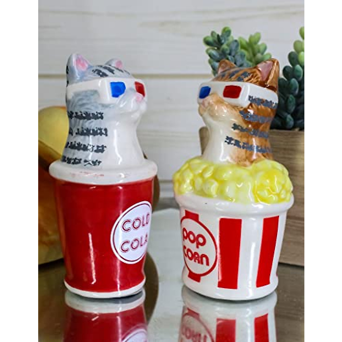 Ebros Funky Cats With Cinema 3D Glasses Sitting In Soda Pop Cup And Popcorn Tub At The Movies Salt And Pepper Shakers Set Ceramic Figurines Party Kitchen Tabletop Cat Decor Collectible