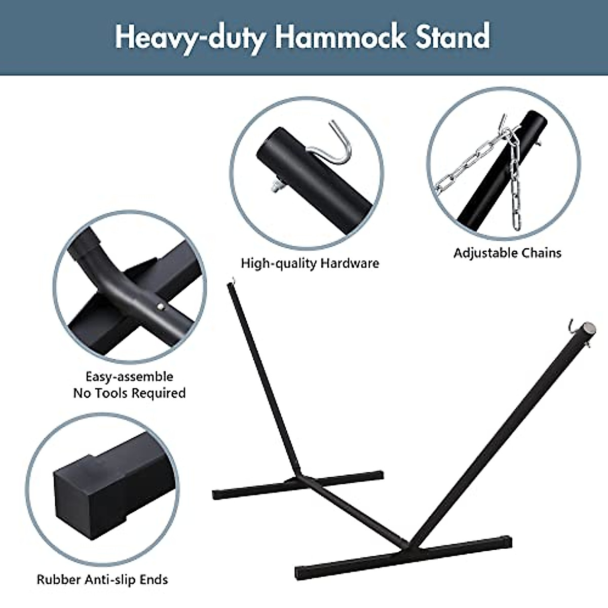 ANOW Double Hammock with 12 Feet Heavy Duty Steel Stand Combo, 2 Person Quilted Hammock with Stand for Outdoors Indoors, 450 LBS Weight Capacity, Blue