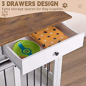 Sunseen Dog Crate Furniture Large Breed Wooden Dog Kennel with Room Divider & 3 Drawer,Double Doors Heavy Duty Dog Crate End Table Indoor TV Stand for Small Medium Large Dog,72''W*24''D*35''H,White