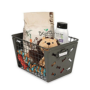 Spectrum Diversified Macklin Basket Steel Storage Bin Bone Design, Pet Accessory Organizer with Rust-Resistant Finish, Dog Toy Organization & Storage, Medium, Industrial Gray