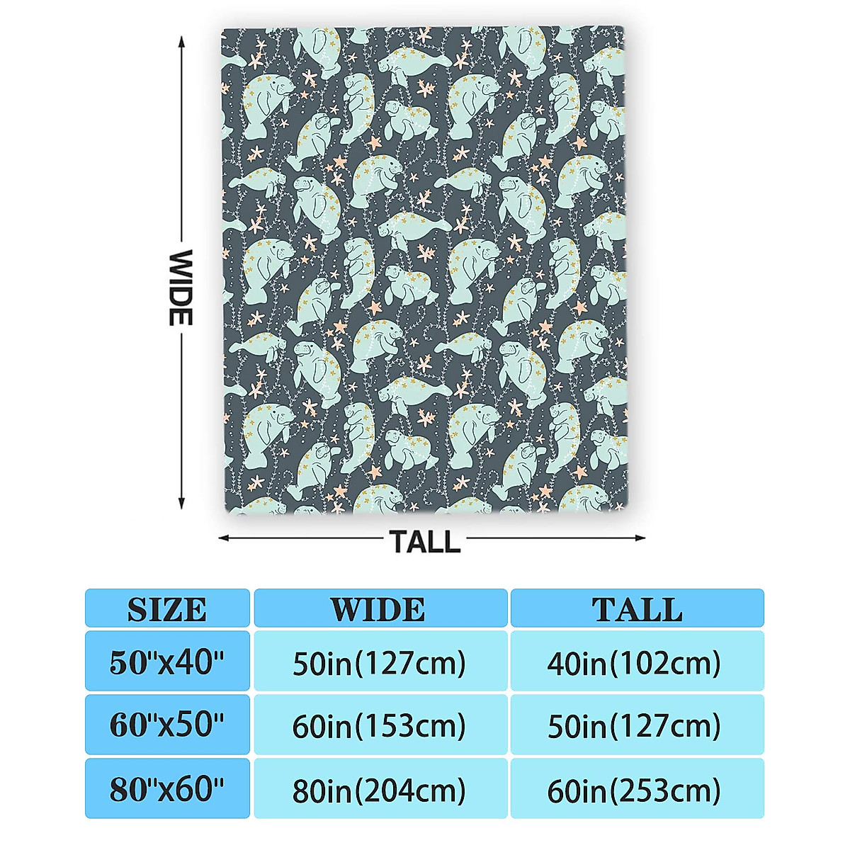 Plush Fluffy Throw Blanket Cute Manatee Sea Animals Starfish Bed Blanket for Boys Girls Teens Smooth Soft Flannel Blanket for Sofa Chair Office Travel Camping Outdoor Home Decor 50"x60"