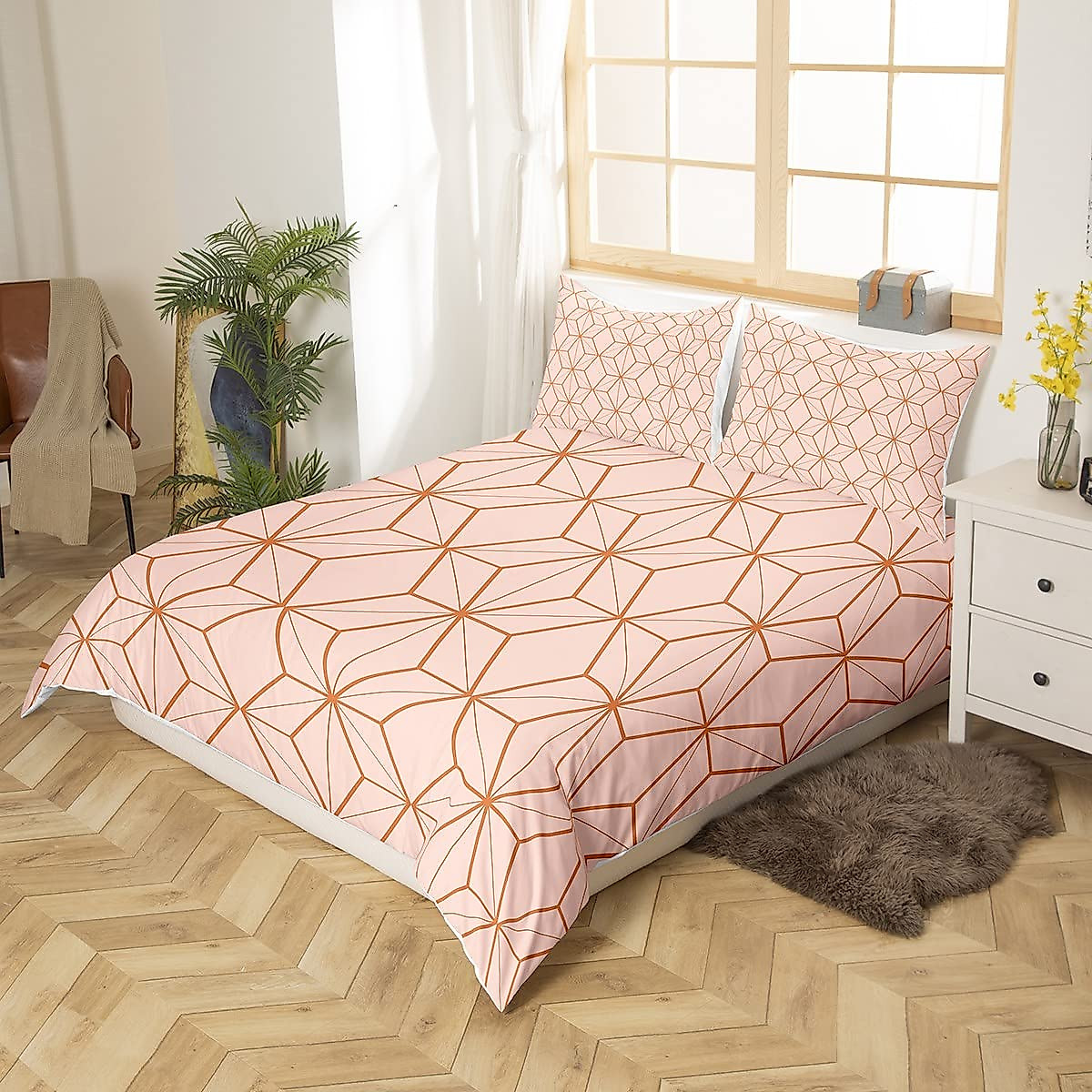 Geometric Bedding Duvet Cover Set Kids Geometry Bedding Set Modern Abstract Art Comforter Cover Set for Boys Room Decor Lightweight Golden Pink Bedspread Cover Full Size with 2 Pillow Case