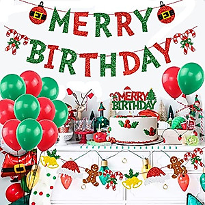 Christmas Birthday Decoration Set,Glitter Merry Birthday Banner,Santa Tree Merry Birthday Cake Topper and 30pcs Christmas Balloons for Christmas Birthday Party,Winter Holiday Baby Shower Birthday Party Decor