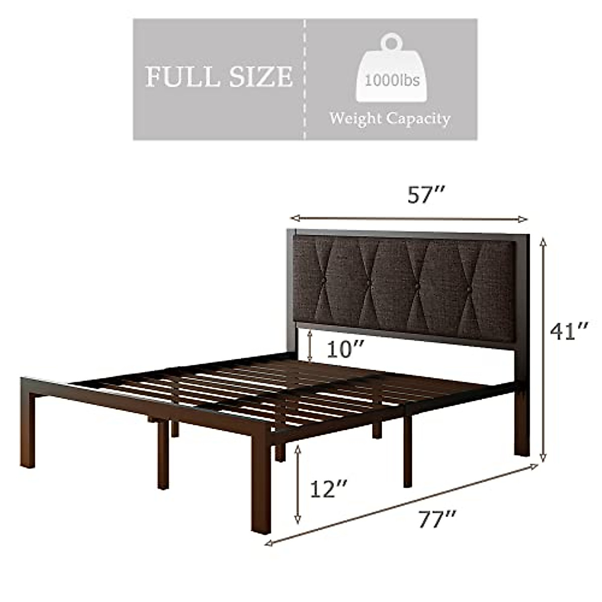iPormis Full Metal Platform Bed Frame with Upholstered Headboard, Upgraded Heavy Duty Bed Frame with Steel Slats Support/12 Under Bed Storage, Noise Free, No Box Spring Needed, Dark Gray