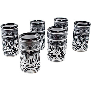 MAREY Mexican Pottery Shot Glasses | Talavera Poblana | Talavera Pottery | Set of 6 Pieces | 100% Handmade | Tequila Cups (Black & White, 2 Oz.)
