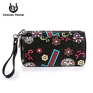 Sugar Skull Western Cross Clutch Wallet Day of the Dead Wristlet Purse Calavera (Black)