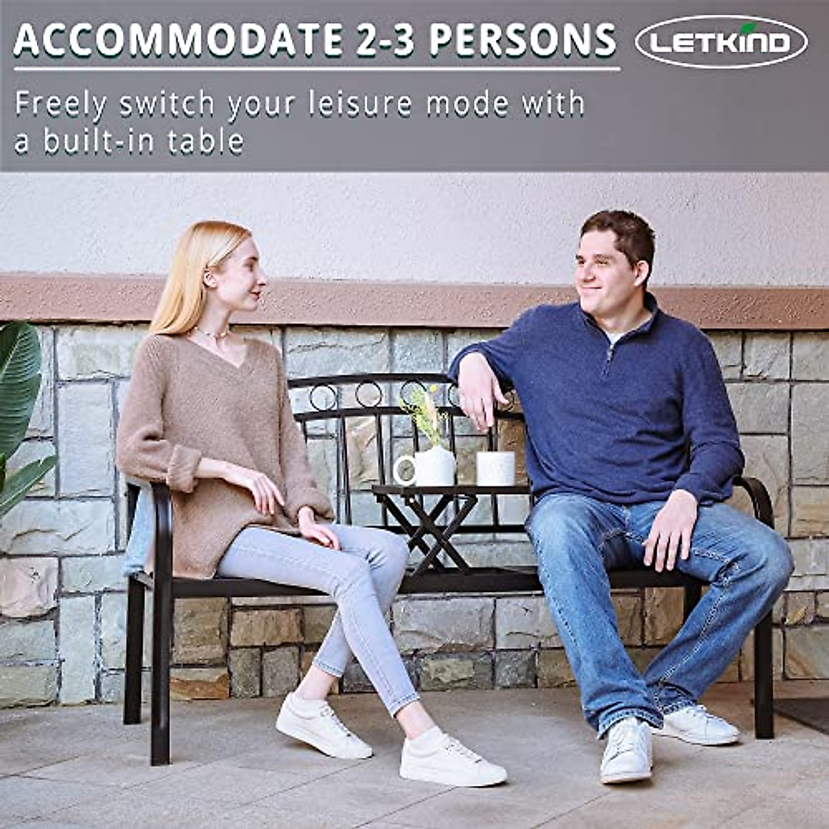 LETKIND 59" Outdoor Patio Bench w/Pullout Middle Table Garden Metal Benches Double Seat Porch Bench, Cast Tube Steel Frame Outside Black Bench for Backyard, Park, Deck, Lawn