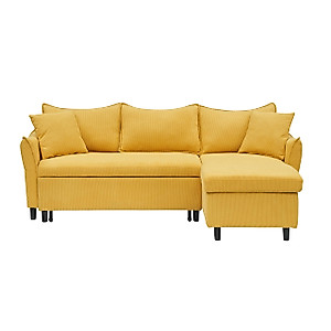 SmartEdge 80'' Convertible Sleeper Sectional Couch 3 Seater Reversible L Shaped Sleeper Sofa with Storage Chaise, Comfy Corduroy Upholstered Corner Sofa Couches for Living Room, Yellow