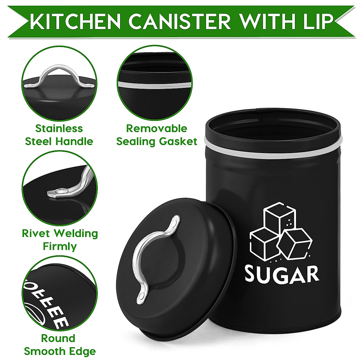LIANYU 8 Piece Canister for Kitchen Counter, Large Food Kitchen Coffee Tea Sugar Metal Canisters Set with Spoons, Rustic Farmhouse Storage Set, Black