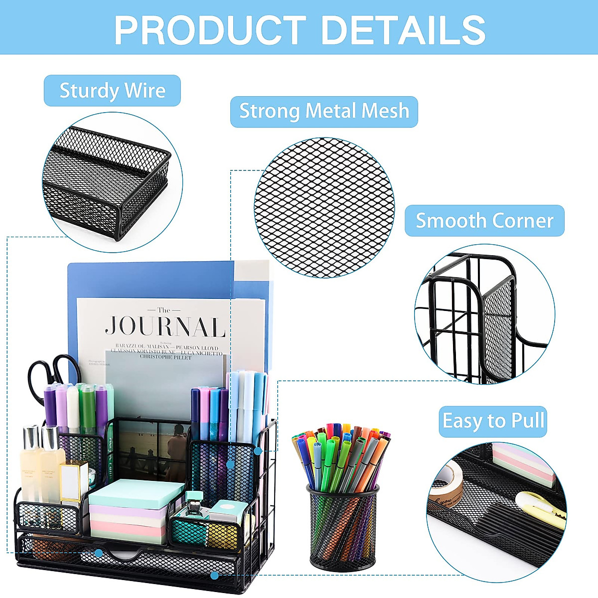 Desk Organizers and Accessories, Office Supplies Desk Organizer Caddy with 7 Compartments + Pen Holder / 72 Clips Set, Mesh Desk Organizer with Drawer, Black Desktop Organizer for Home, Office Ect