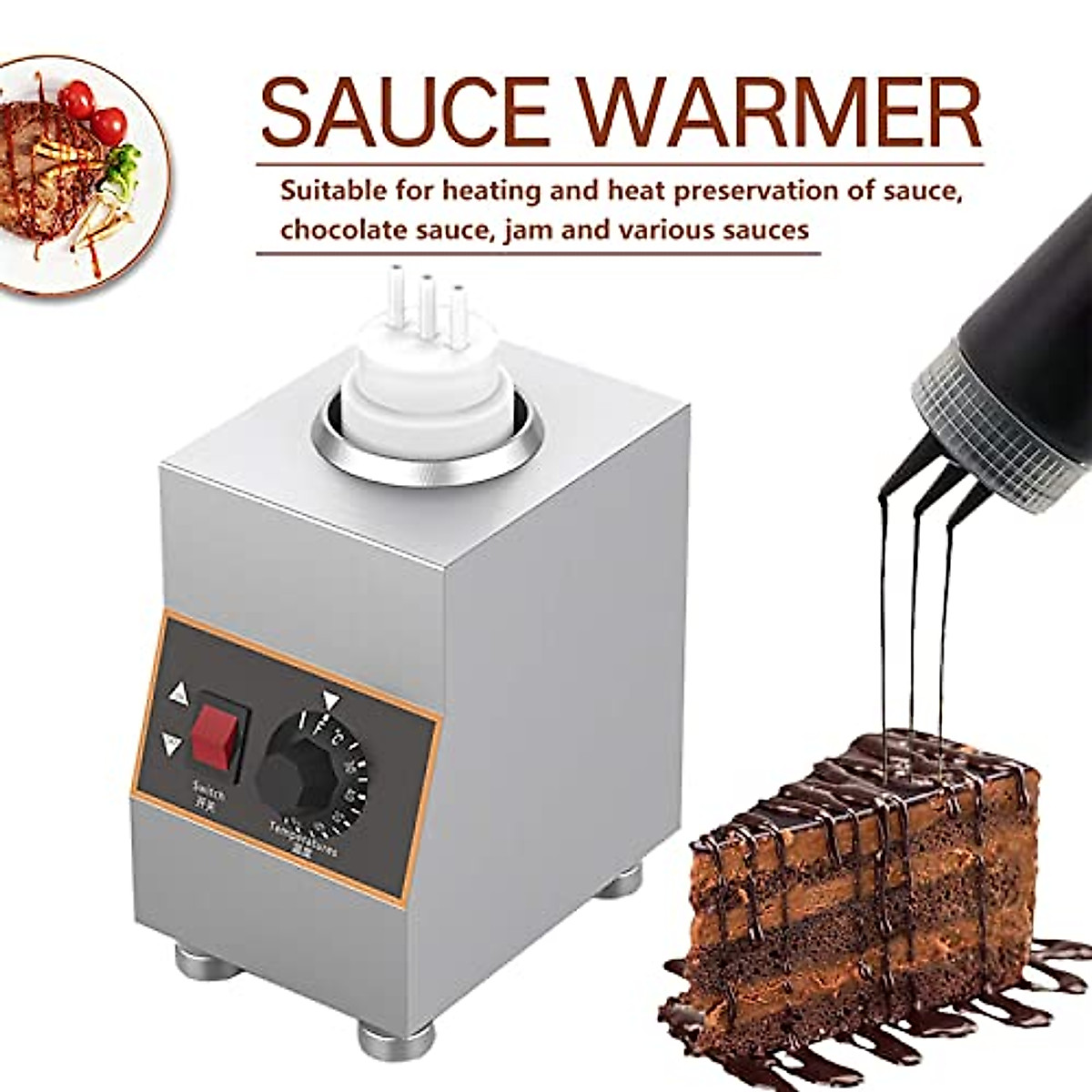 Commercial Food Sauce Warmer, 30~85℃ Temp Adjustable Cheese Warmer with 650ml Sauce Bottle, Electric Chocolate Jam Warmer for Hot Fudge Cheese Caramel