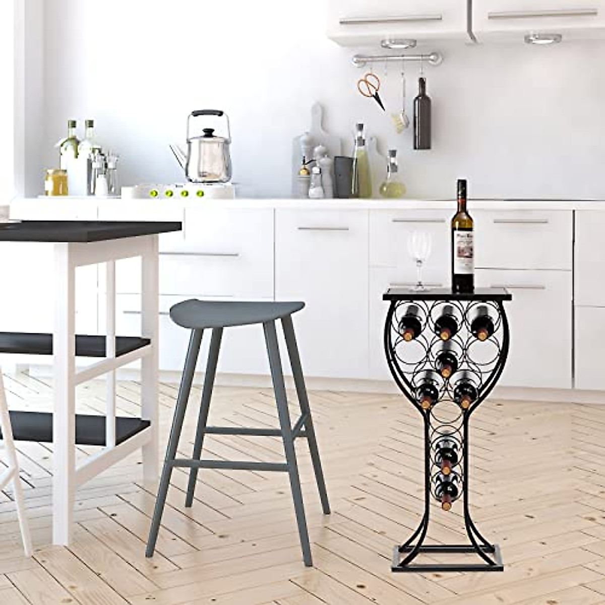 PARANTA Wine Rack Freestanding Floor 11 Bottles Wine Racks Holder Organizer Liquor Cabinet Wine Rack Console Table Marble Veneer Top Wine Glass Racks Black