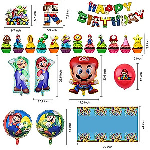 Mario Birthday Party Supplies, Birthday Decorations Set Include Banner Balloons Cake Cupcake Toppers Tablecloth for Boys Girls Video Game Theme Party